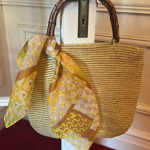 Vintage | Bags | Vintage Scarf And Woven Gold Tinsel Bag With Bamboo ...